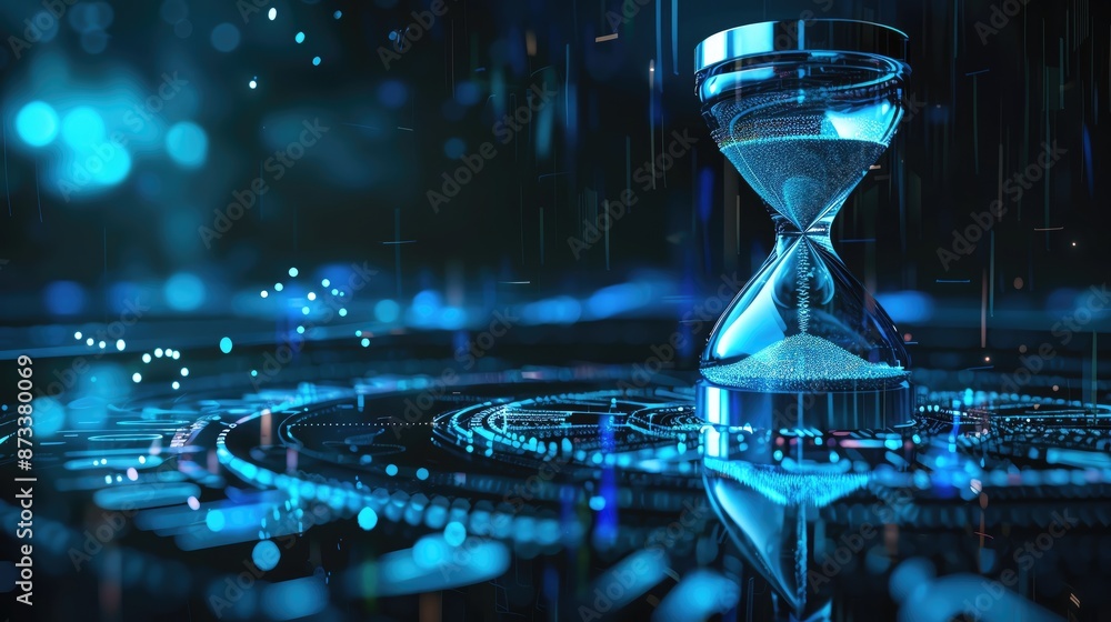 Futuristic hourglass in a digital network background symbolizing time ...