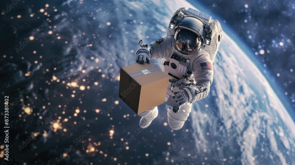 Astronaut Delivering Package in Space - An astronaut floats in space ...