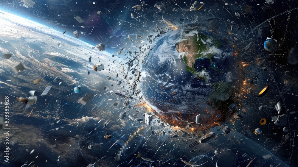 Space Debris Threatening Earth - A digital illustration depicting Earth ...