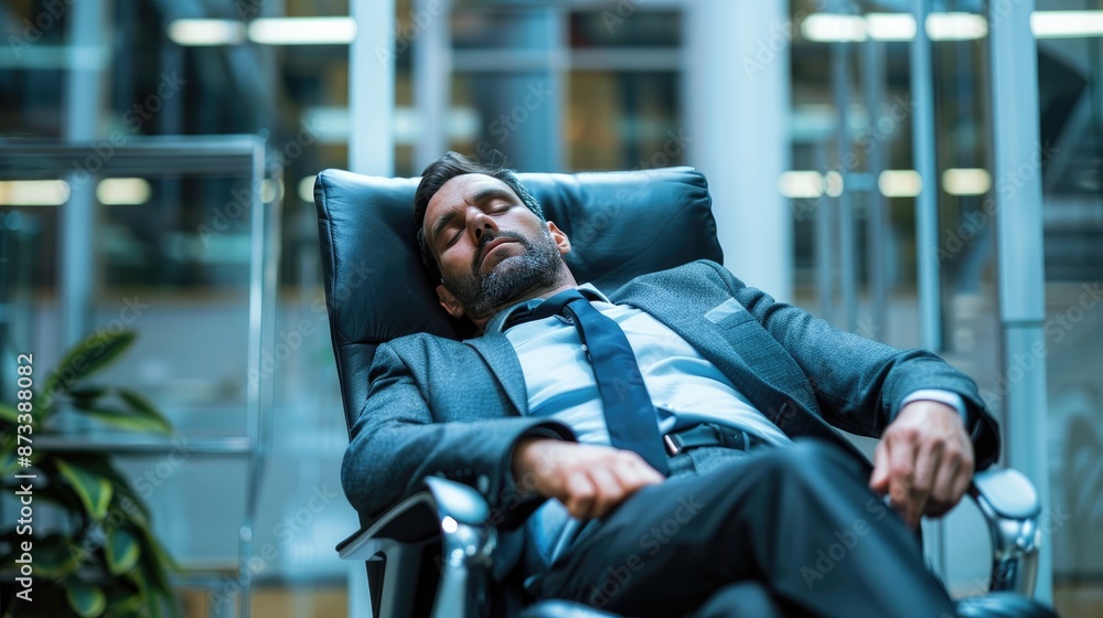 Sleepy tired sleeping business man boss exhausted sitting office chair ...