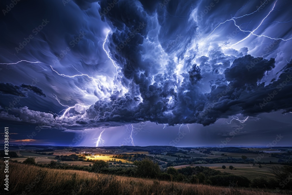 Intense lightning bolts and turbulent clouds light up the night sky ...