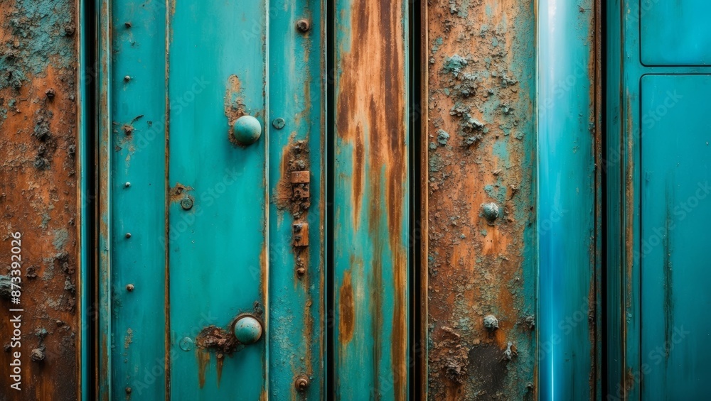 Teal and rust colored metal panels with rivets, hardware and a worn ...