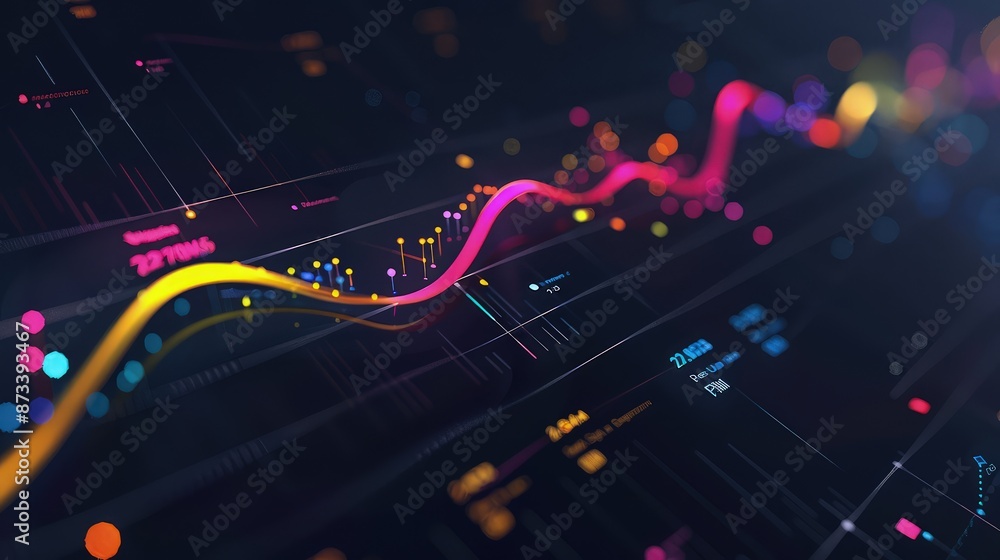 A detailed visualization of a financial timeline with a rising curve ...