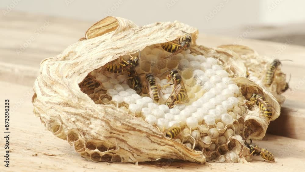Close-up colony yellow wasps in home honeycombs, residential area ...