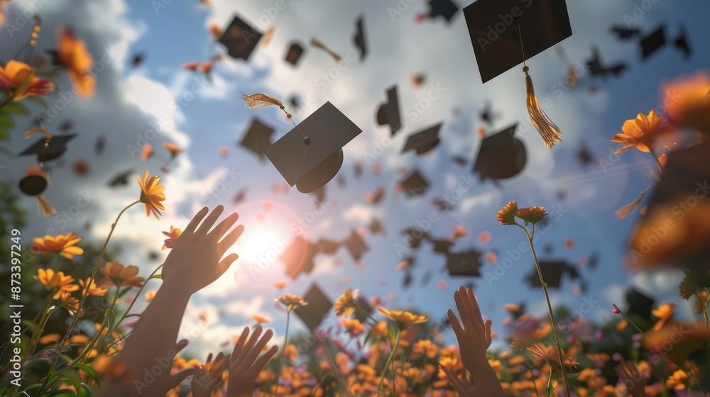 Graduating students hands throwing graduation caps in the air, graduate ...