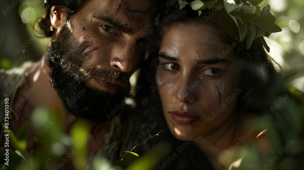 Close-up of Adam and Eve in the garden of Eden in a visual ...