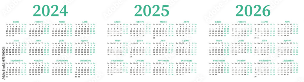 Spanish calendar for 2024,2025,2026. Week starts on Monday. Stock ...