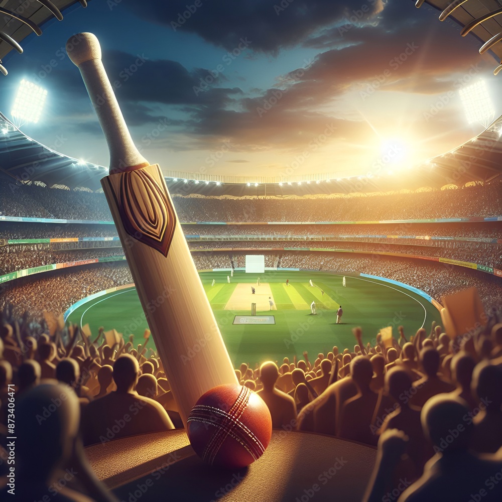 Cricket bat and ball in a cricket crowded stadium, concept of a cricket ...