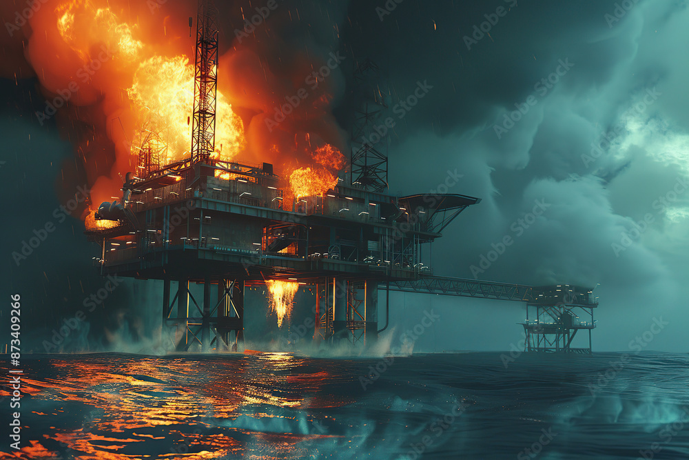 Disaster on offshore oil and gas platform Stock Photo | Adobe Stock