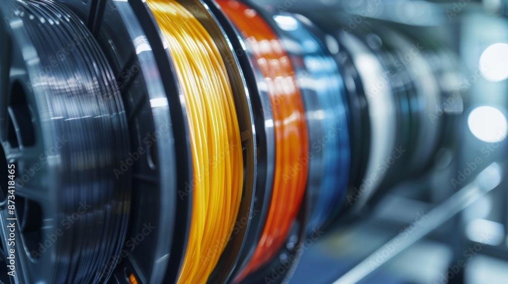 A detailed shot of a 3D printers filament spool with the thin strands ...