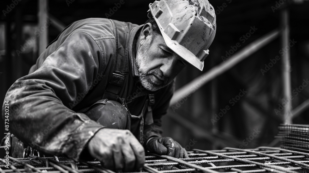 Old construction worker binding wires together in a construction site ...