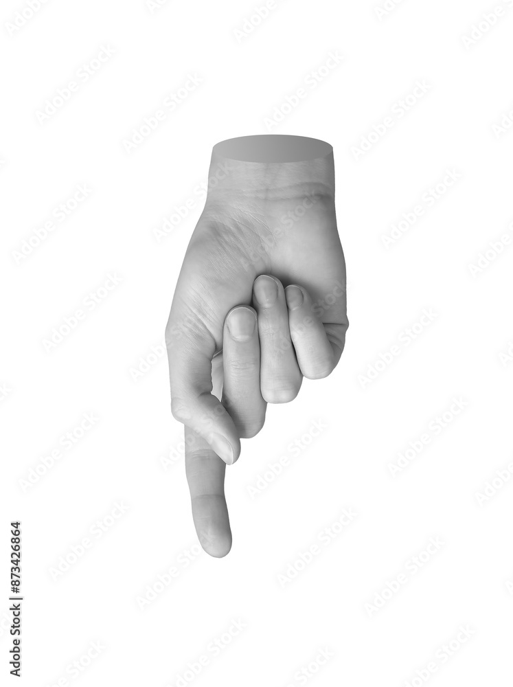 Finger pointing down, indicating. Index finger, tap, click gesture. Hand sign, pick, isolated on ...