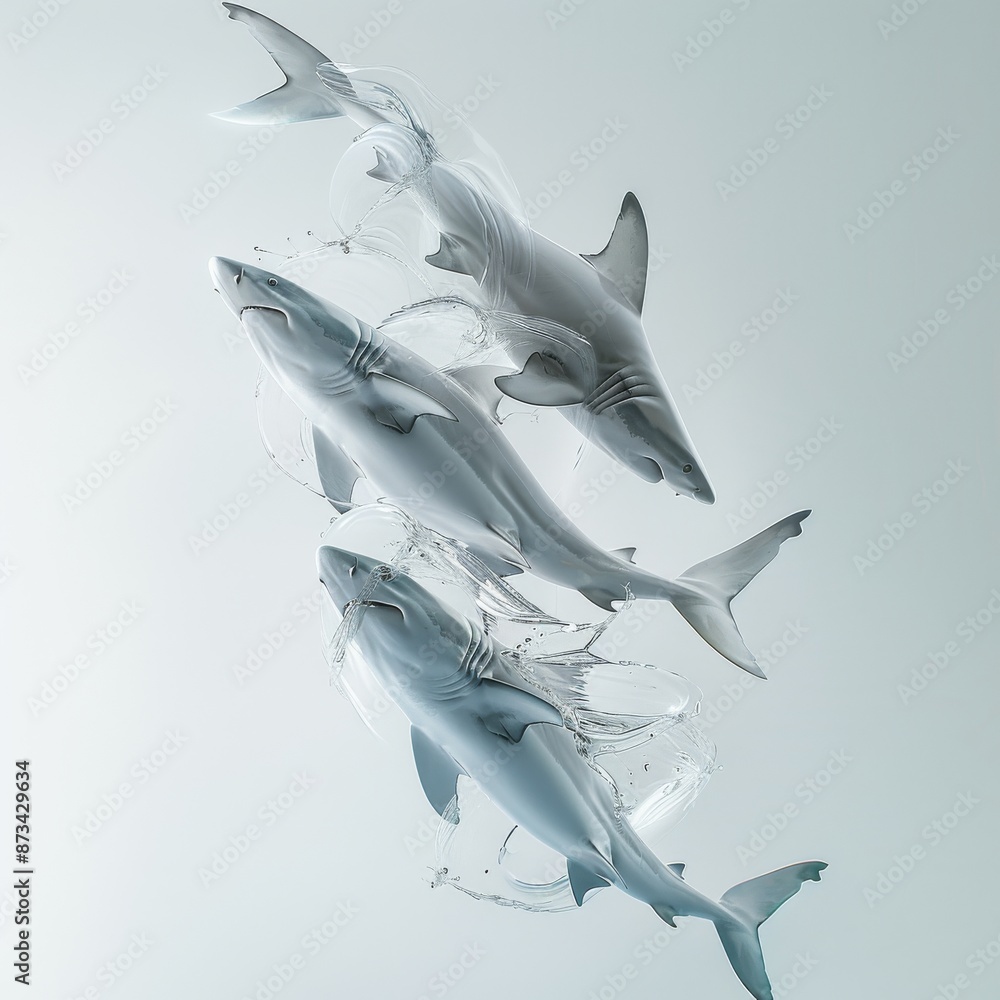 Four sharks are swimming in the same direction, with the largest shark in the lead. The sharks ...