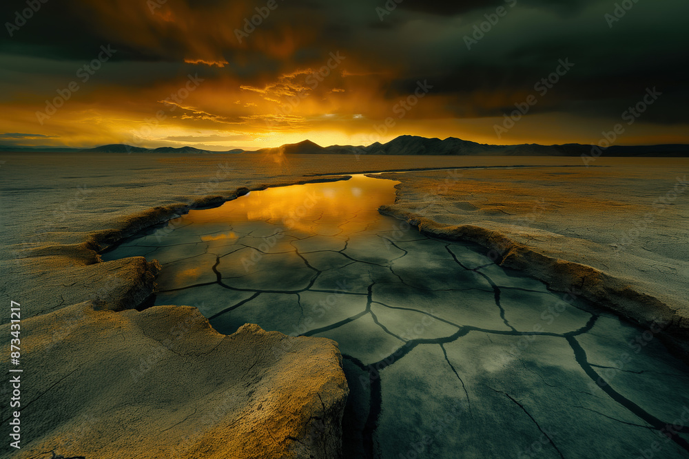 Surreal Desert Sunset with Cracked Earth and Golden Reflection. A ...