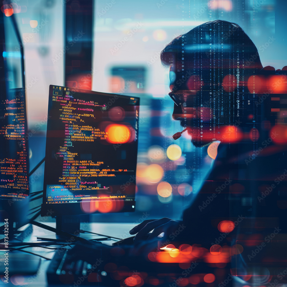 Side View Of A Hacker Using Computers At A Desk With A Creative Digital Programming Language