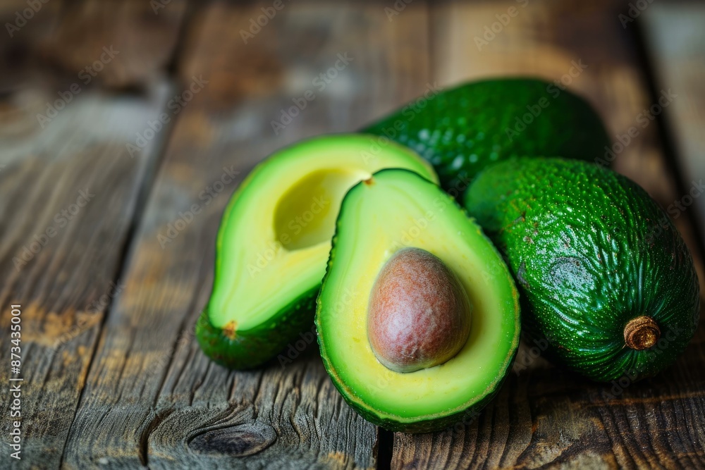 Ripe avocados with one cut open, showing the seed, arranged on a rustic ...