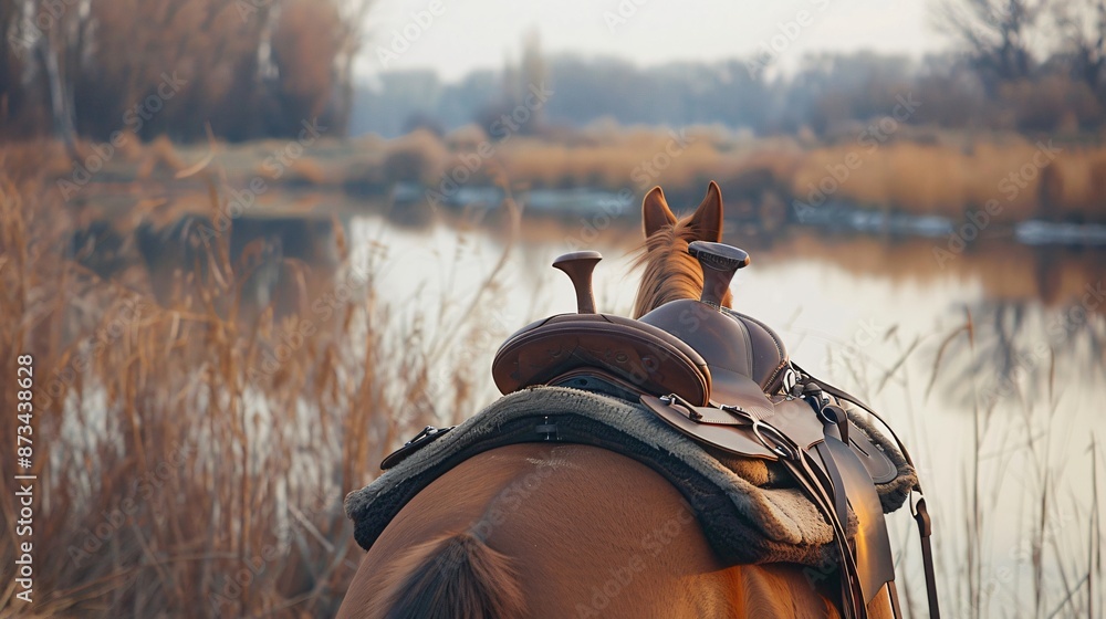 A sleek saddle and a simple bridle, set against a plain backdrop with a ...