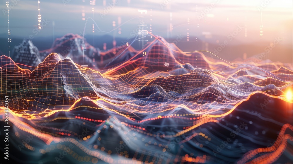 A surreal 3D landscape where mountain ranges are marked with glowing ...