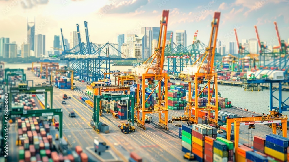 A modern port bustling with cargo activity, featuring towering cranes ...