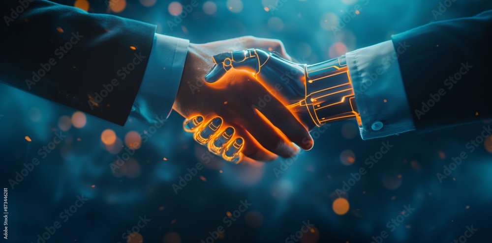 Human and robot hand shaking, futuristic business concept with digital ...