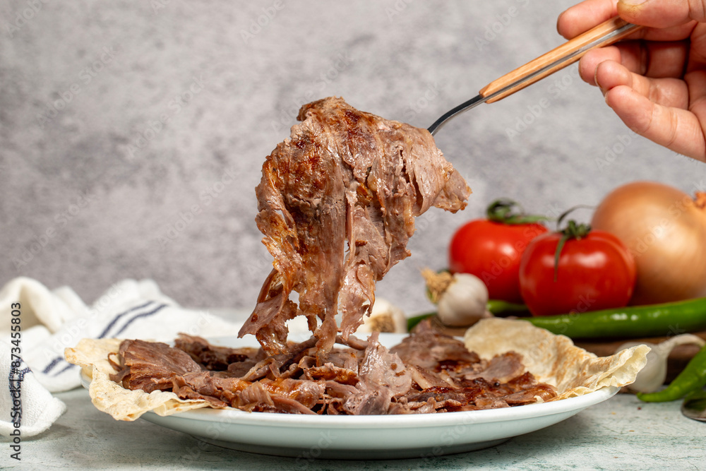 Meat Doner. Traditional Turkish cuisine taste. Cooked meat doner kebab ...