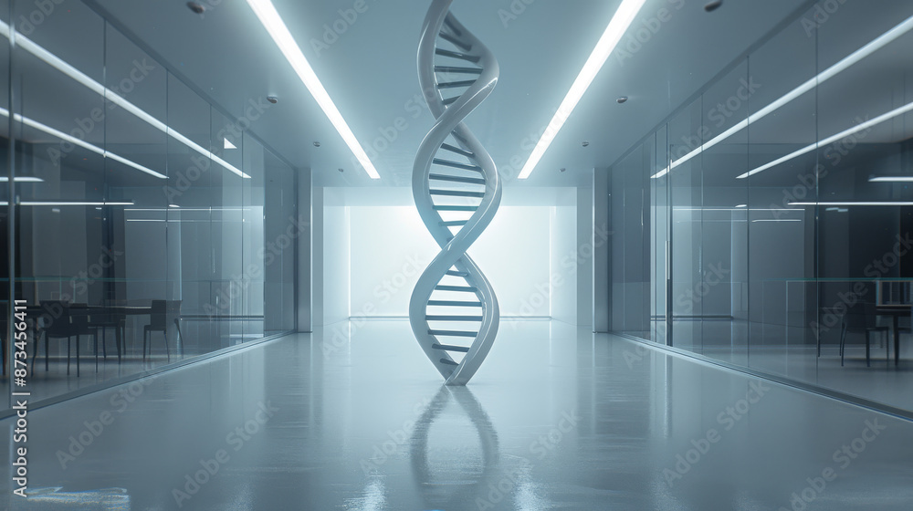 Virtual representation of the DNA symbol displayed in an empty office ...