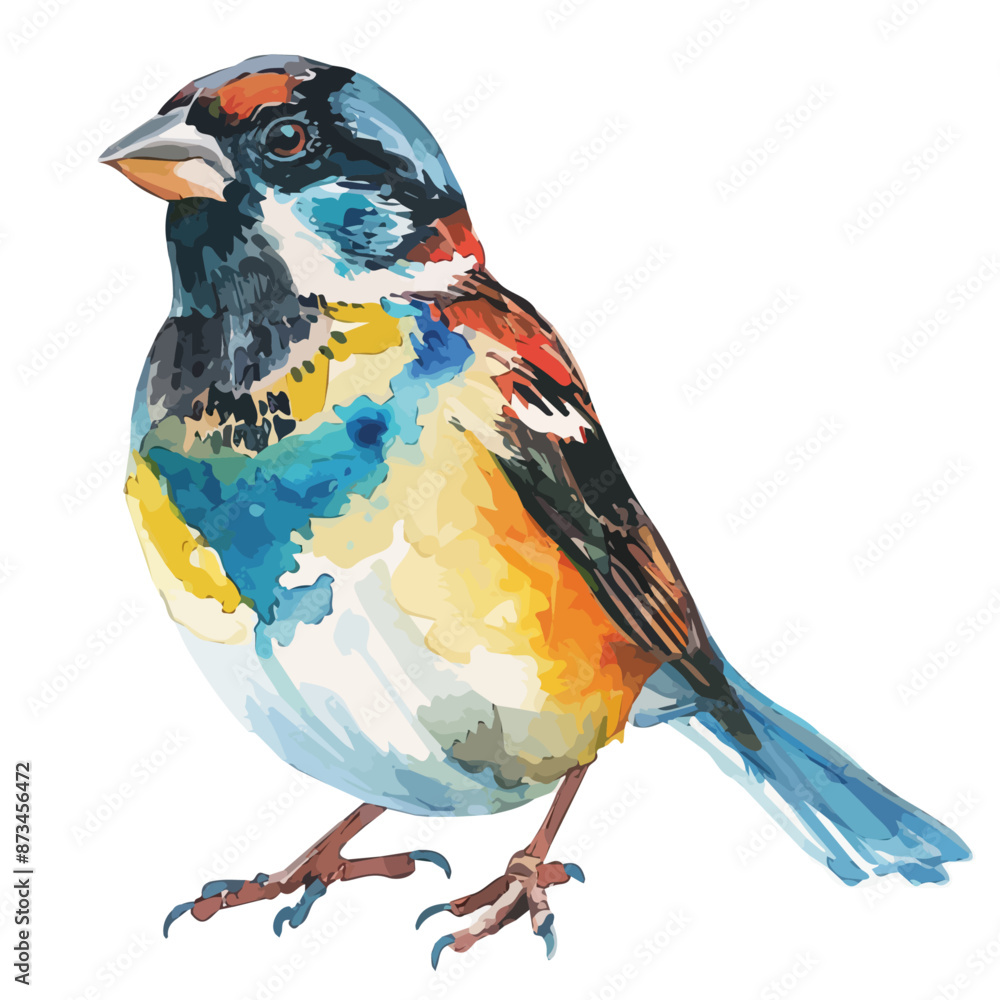 Watercolor painting of a colorful sparrow, isolated on a white ...