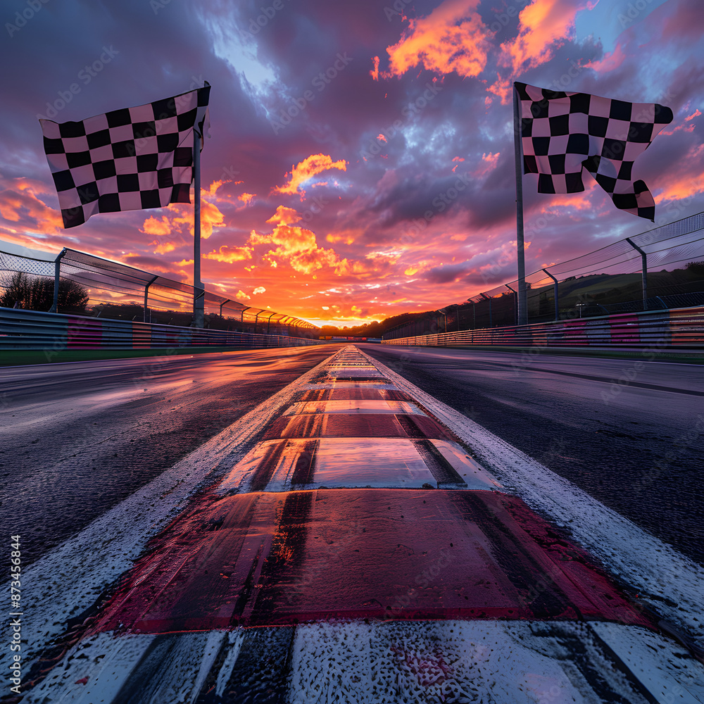 race track with two large checkered flags icons of motor sport under a ...