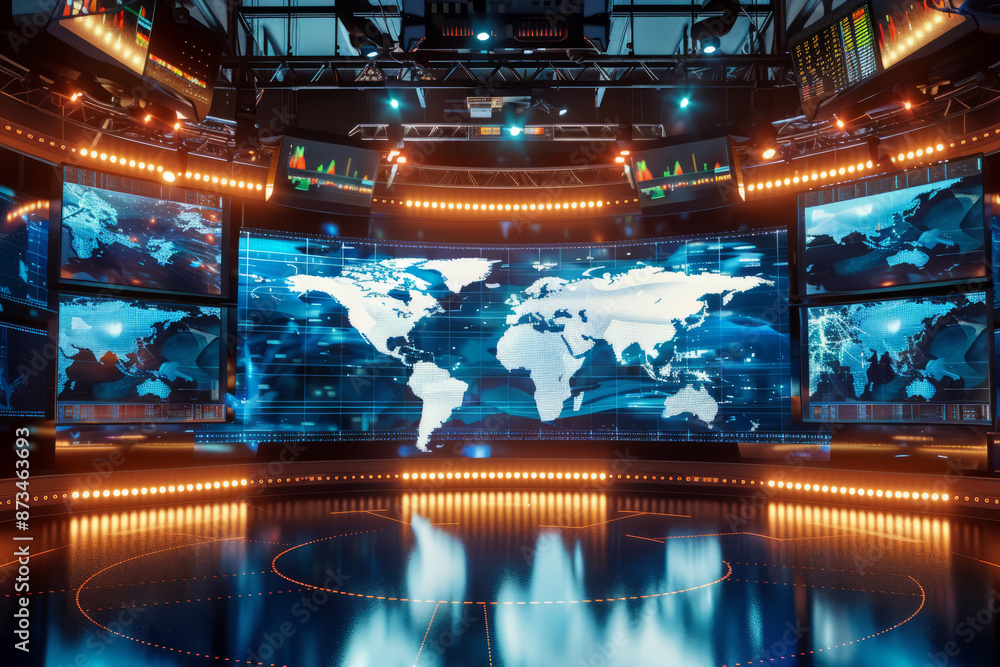 News studio scene background with screens and space for text or ...