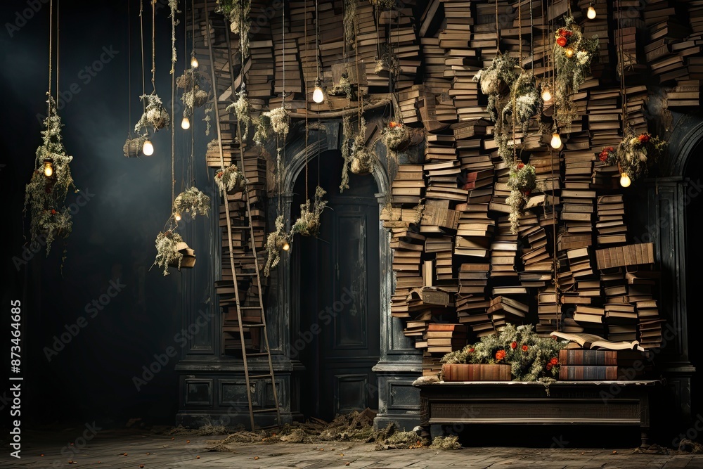 Step into an ethereal realm where old books hang suspended, creating a ...