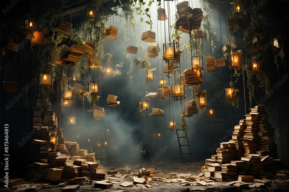 Step into an ethereal realm where old books hang suspended, creating a ...
