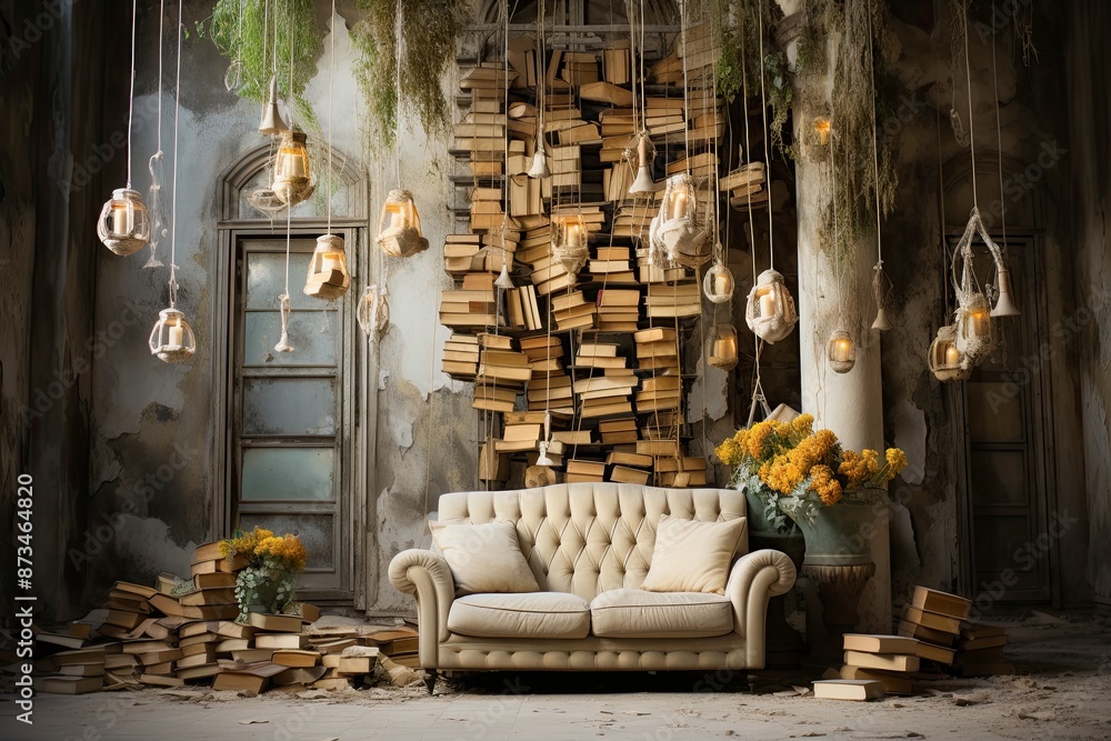 Step into an ethereal realm where old books hang suspended, creating a ...