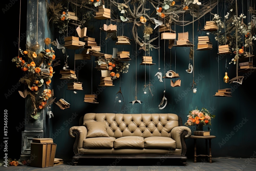 Step into an ethereal realm where old books hang suspended, creating a ...
