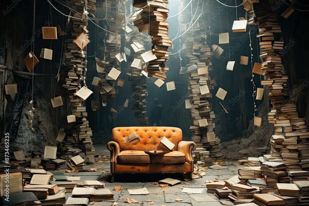 Step into an ethereal realm where old books hang suspended, creating a ...