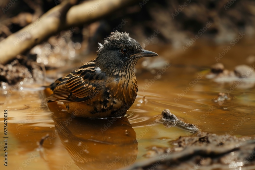 Avian Bird in dirty lake water. Polluted pond with industrial garbage ...