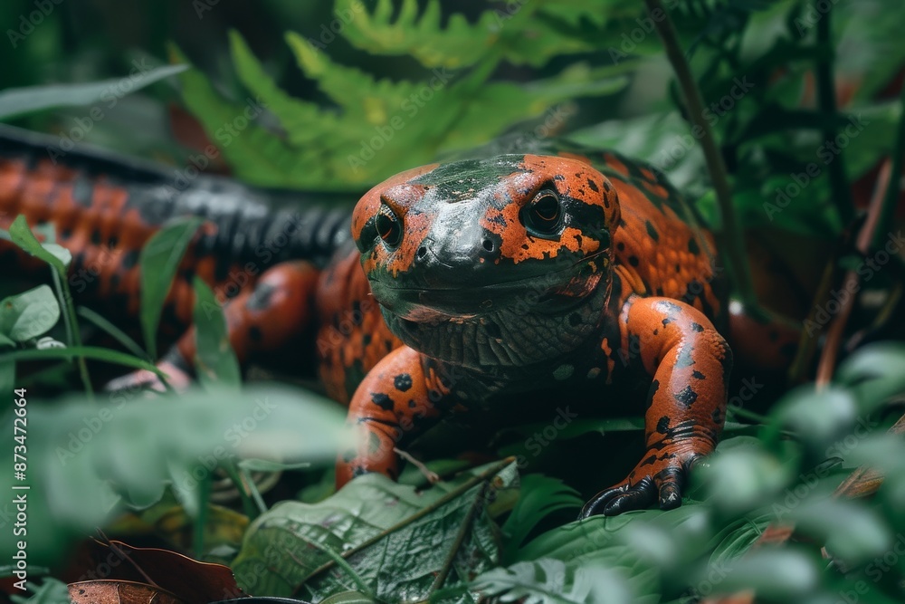 Full body view of Japanese Giant Salamander on leave in natural habitat ...