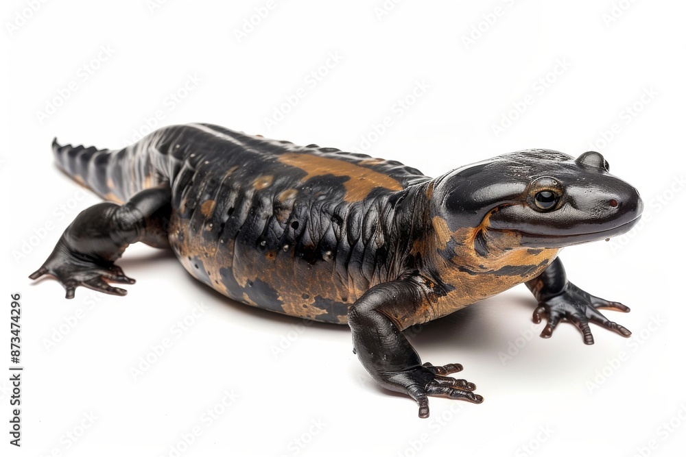 the beside view Chinese Giant Salamander, left side view, white copy ...