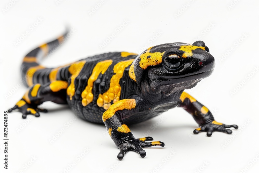 the beside view Fire Salamander, left side view, white copy space on ...