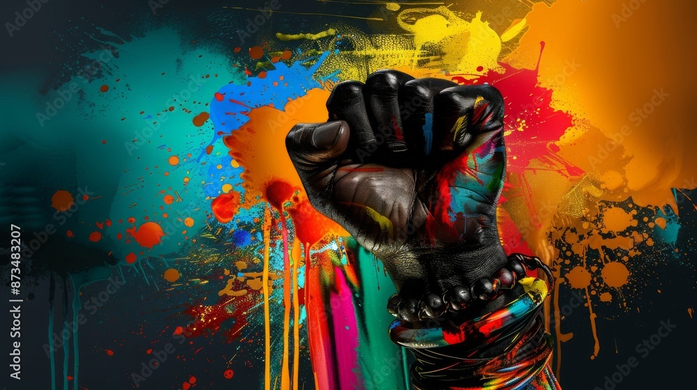Powerful fist raised in celebration of Juneteenth with vivid paint ...