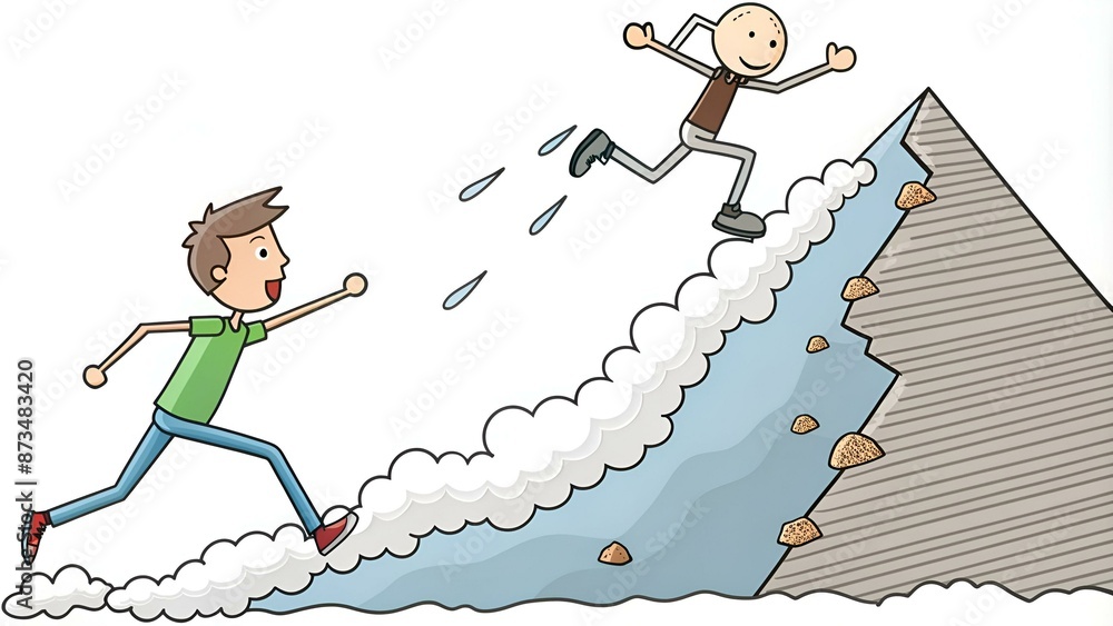 Vector cartoon stick figure illustration of man on top of hill creating ...