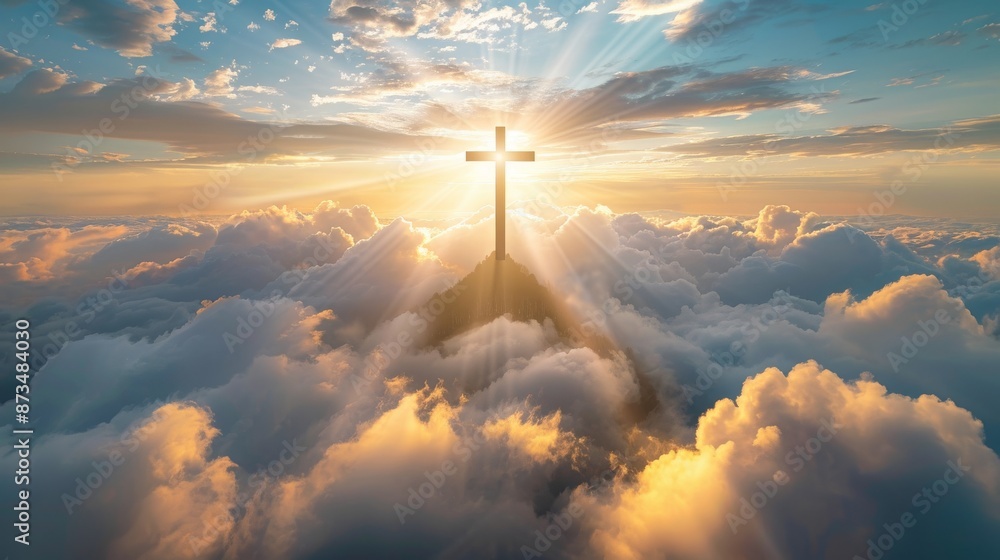 christian cross appeared bright in the sky with soft fluffy clouds ...