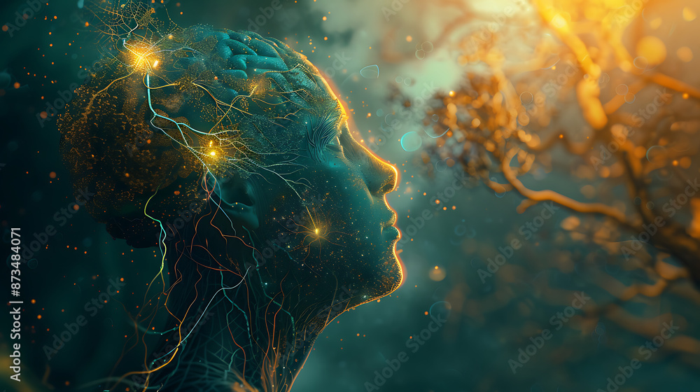 a digital artwork featuring a stylized human head and neck in profile ...