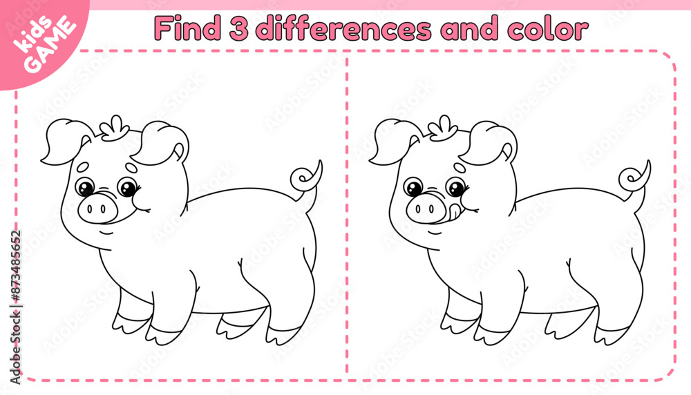 Farm kids game Find 3 differences with cartoon big pig. Cute pink farm ...