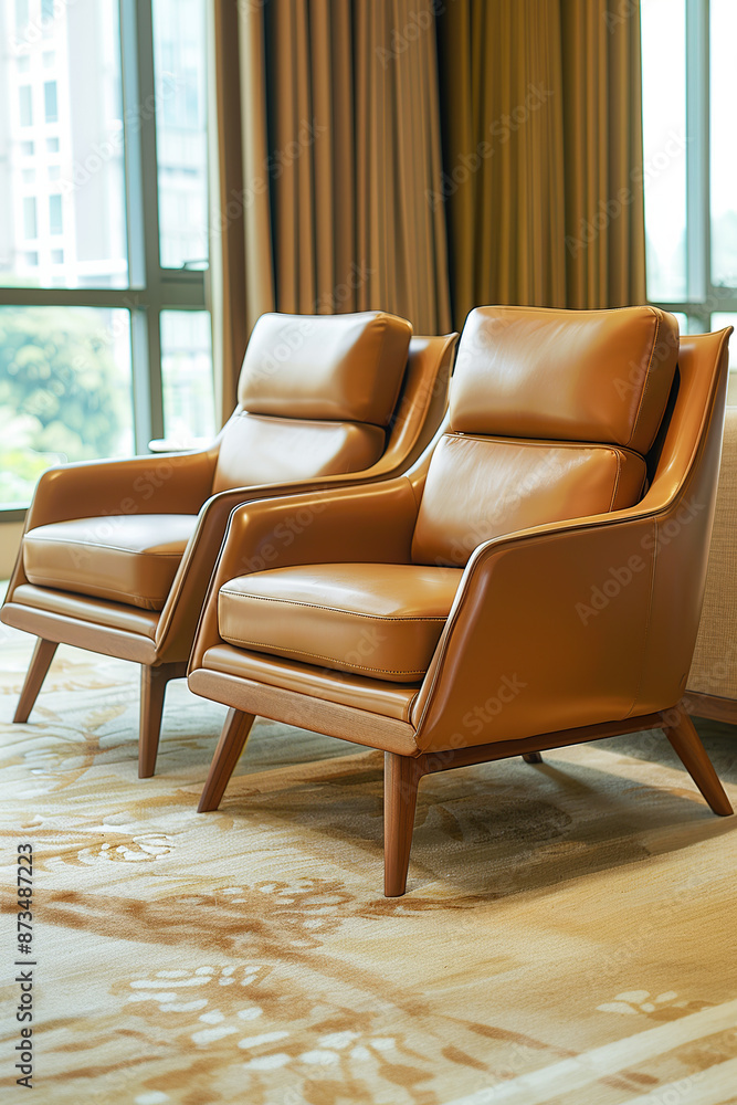Two leather single-person armchairs with wooden legs, luxurious and ...