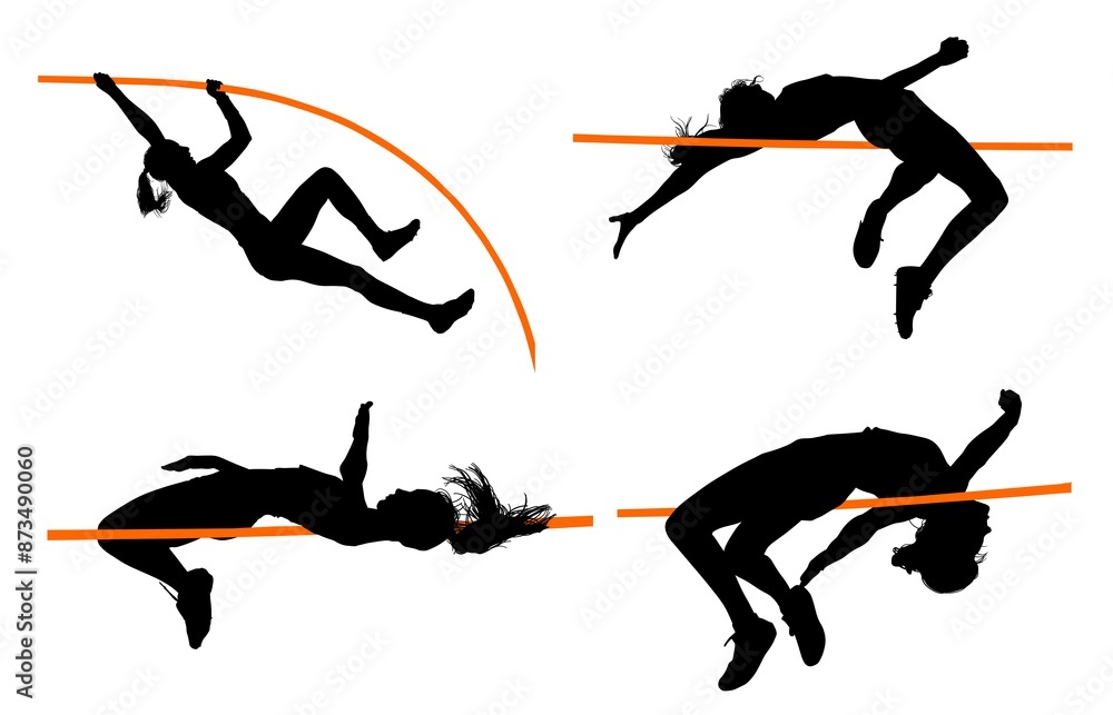atletas, siluetas, salto, pertiga, deporte, vectores, salto de altura ...