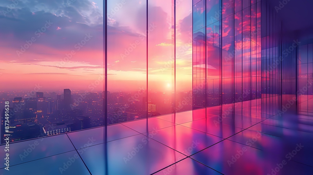 Modern cityscape with a stunning sunset reflected on the glass windows ...