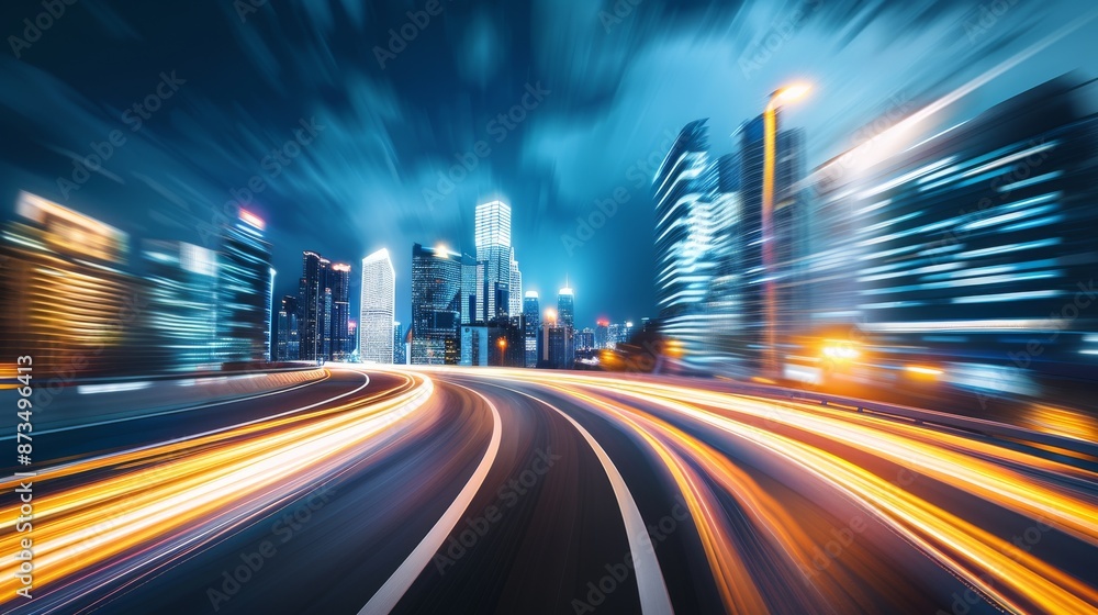 side view of road,in the city at night, motion blur, city lights, city ...