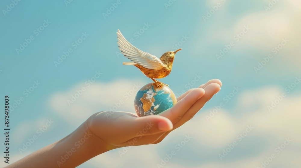 Hope for our planet. A symbol of peace and hope, a golden bird rests on ...