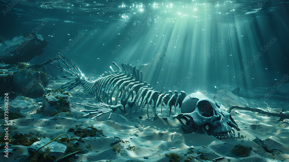 A skeletal fish skull and spine resting on the ocean floor with the sun ...