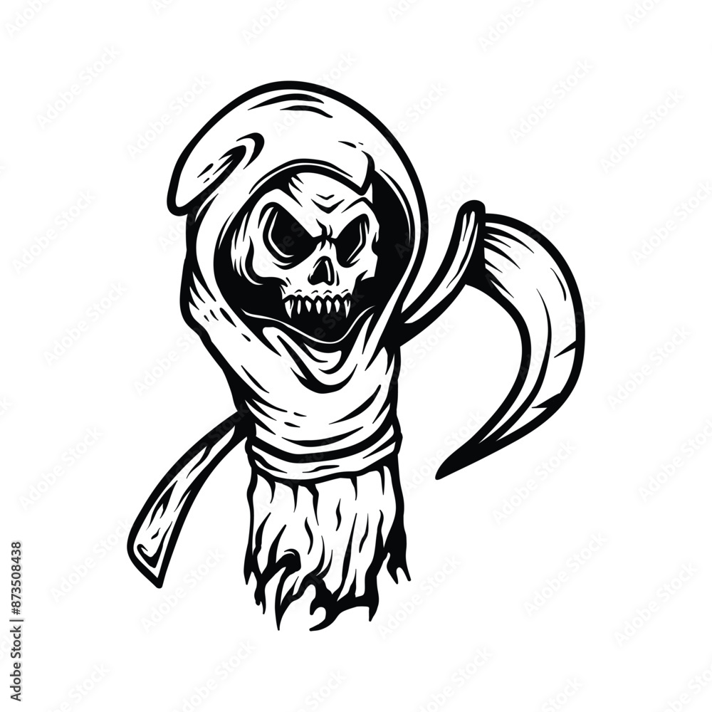 grim ripper with scary face and sickle on the back cartoon with hand ...